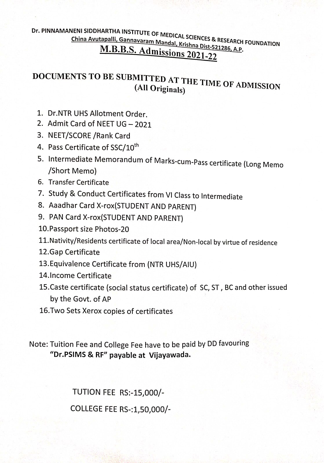 Documents to be Submitted – Dr.PSIMS & RF