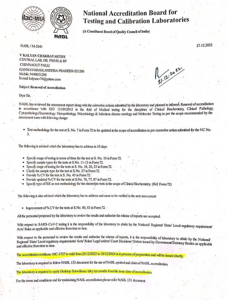 RENEWAL OF NABL ACCREDITATION – Dr.PSIMS & RF