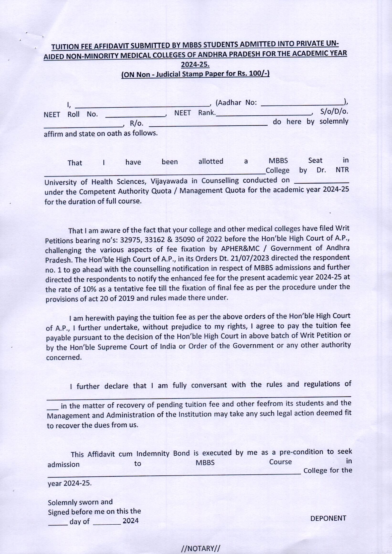 UG Bond for A, B & C Category students for the year 2024-25 – Dr.PSIMS & RF