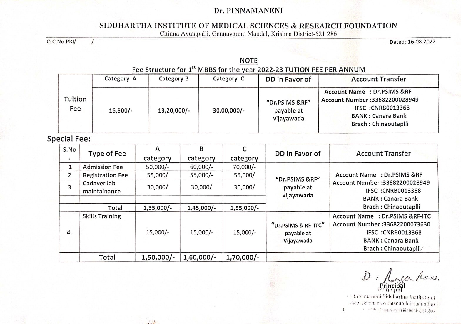 MBBS FEE STRUCTURE – Dr.PSIMS & RF