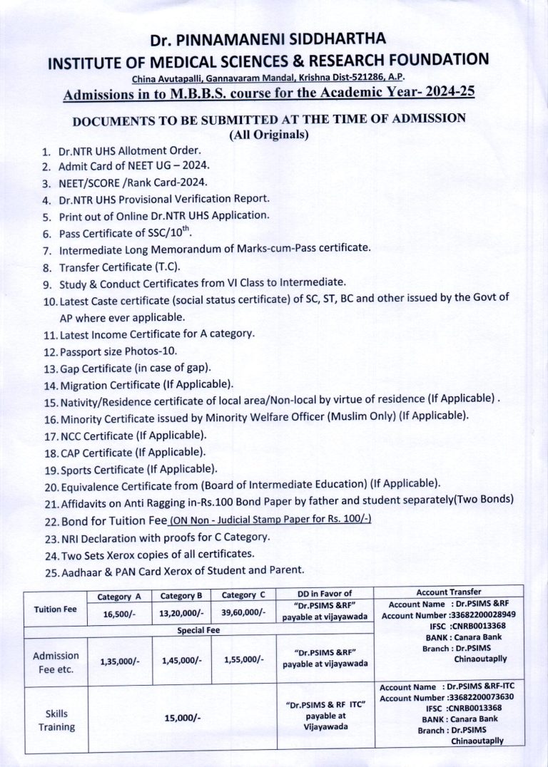 Documents to be Submitted – Dr.PSIMS & RF