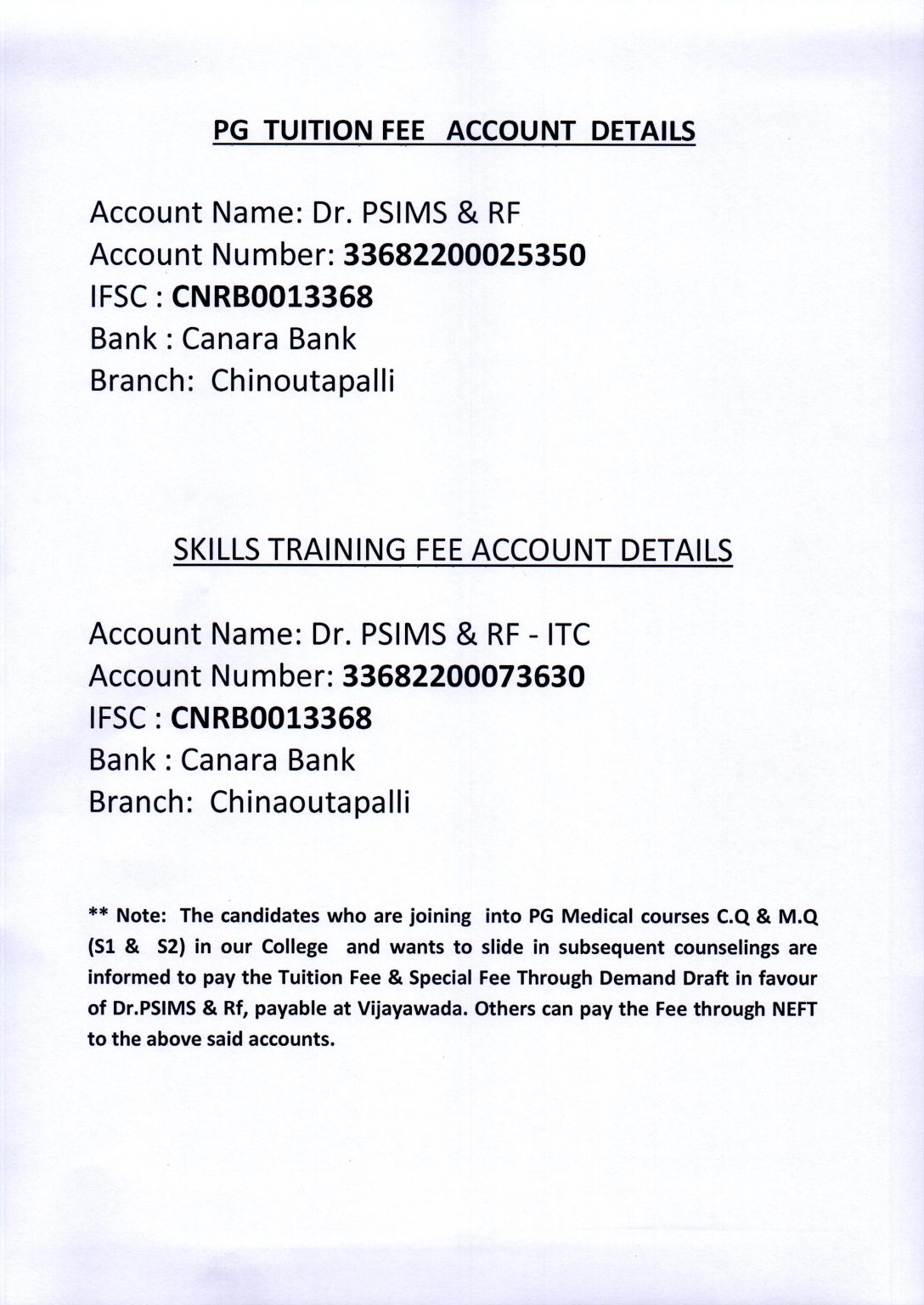 PG FEE STRUCTURE 2025-26 – Dr.PSIMS & RF